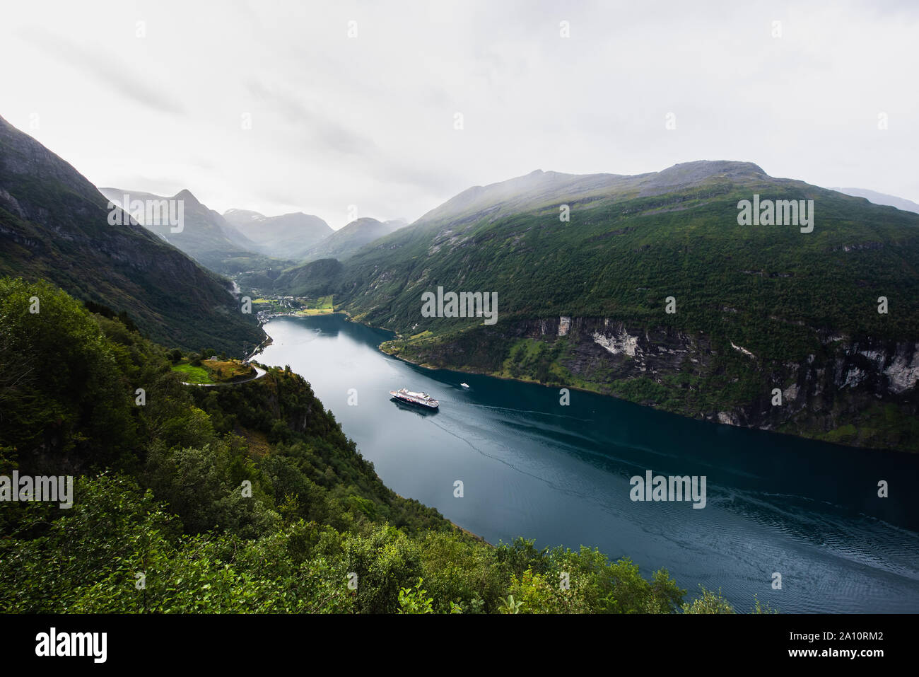 Fjord Geirangerfjord with cruise ship, view from Ornesvingen viewing ...