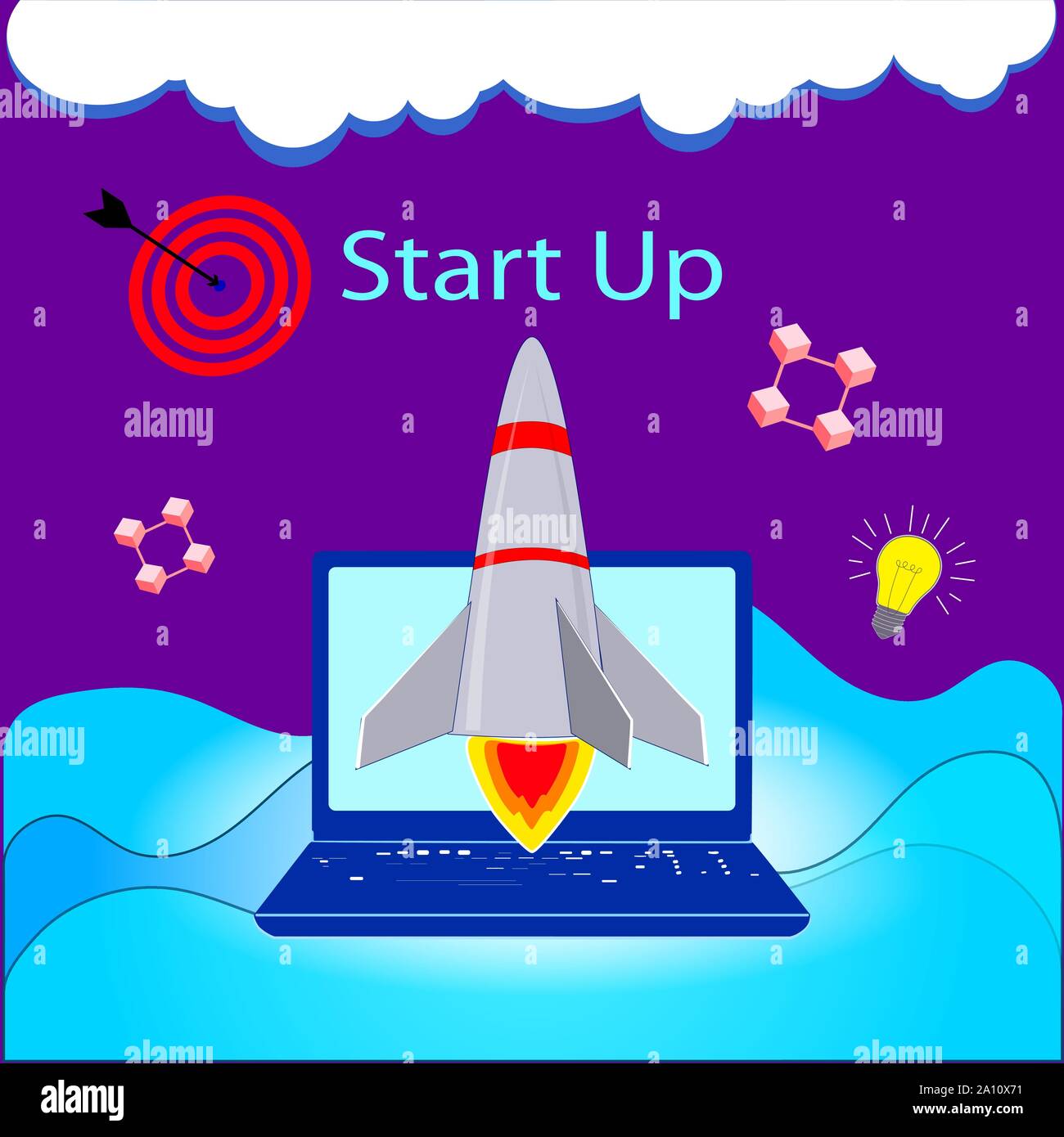 Flat drawing of the rocket. Business startup . The rocket takes off to ...