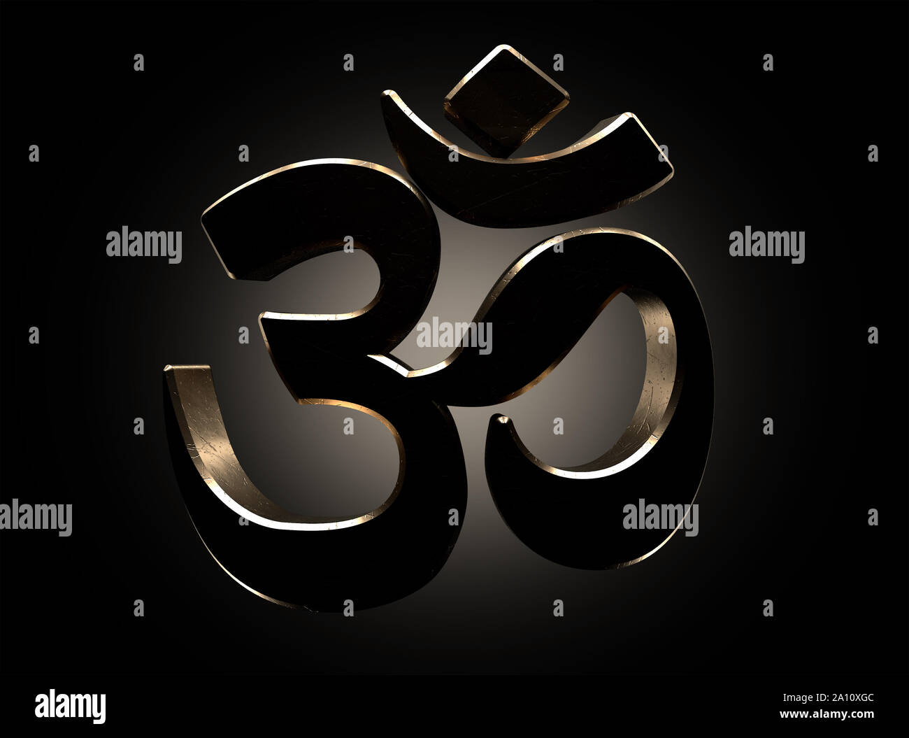 A dramatically backlit gold casting of the om hinduism sign on a dark ...