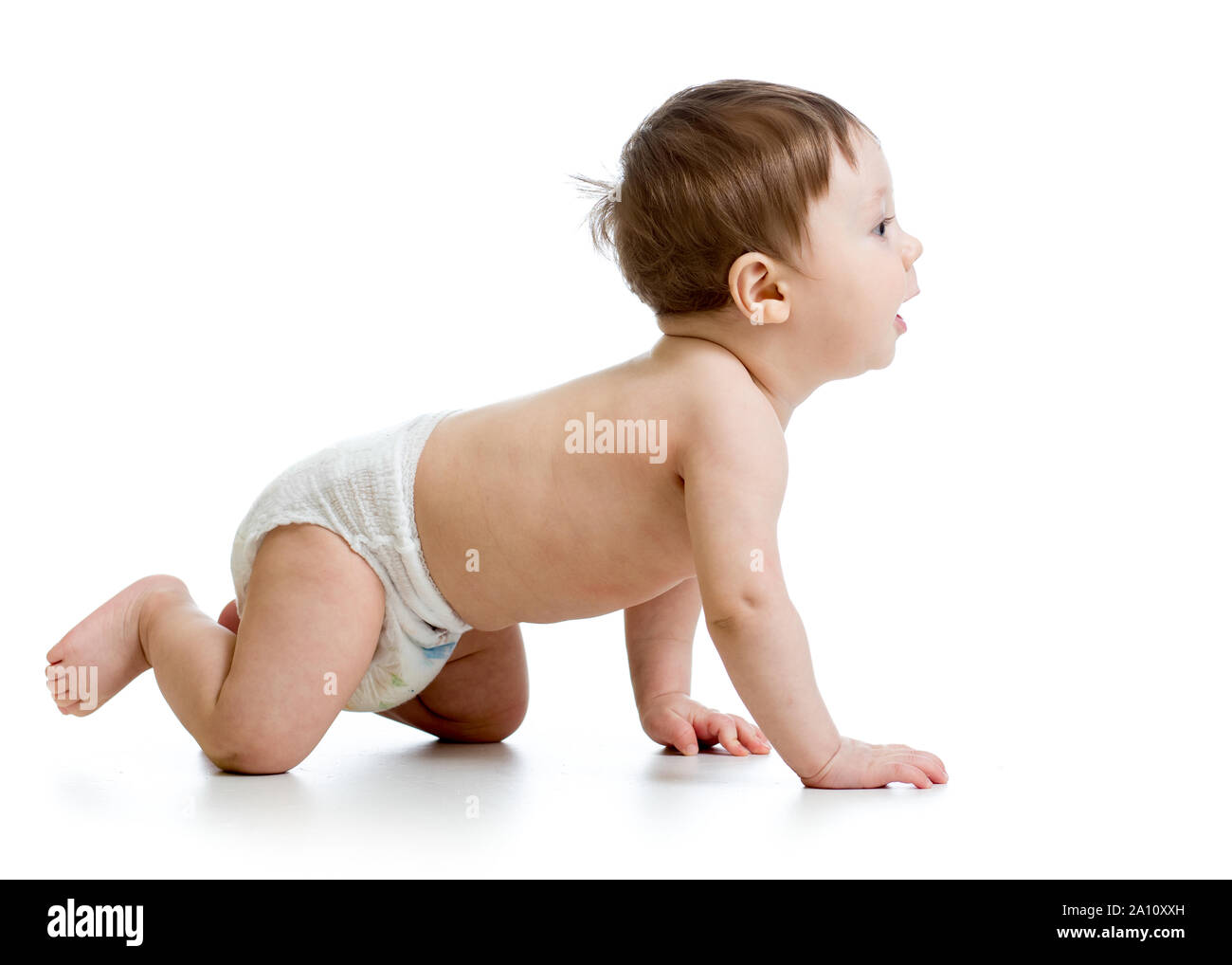 Cute smiling baby crawling wearing diaper, isolated on white Stock ...