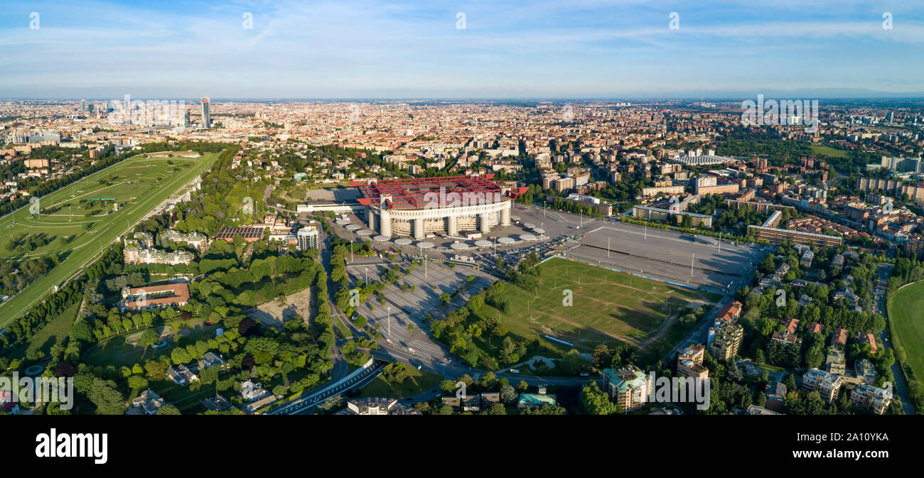 Aerial panoramic view of Milan (Italy) cityscape with the soccer ...