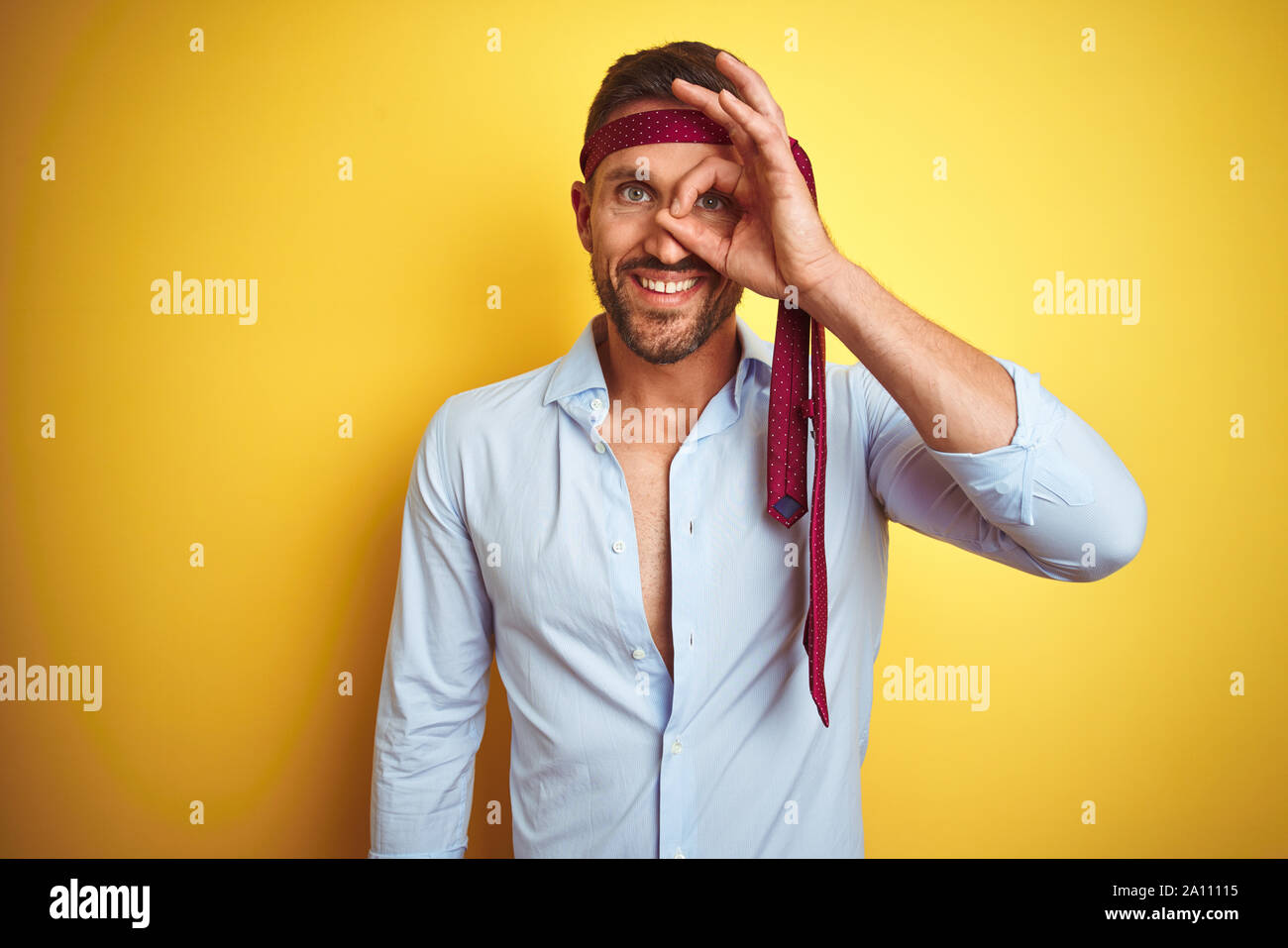 Hangover business man drunk and crazy for hangover wearing tie on head ...
