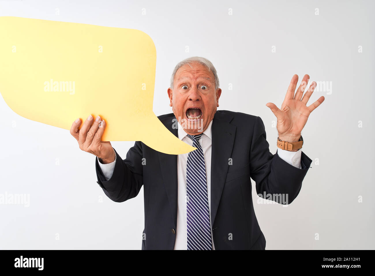 Senior grey-haired businessman holding speech bubble over isolated ...