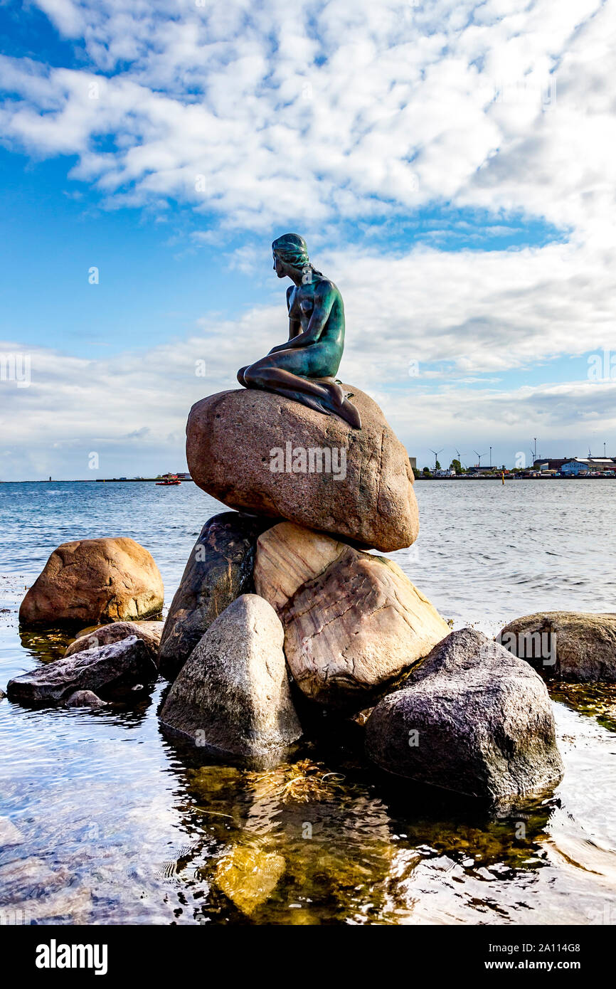 The statue of the Little Mermaid on the shoreline, Copenhagen, Denmark ...