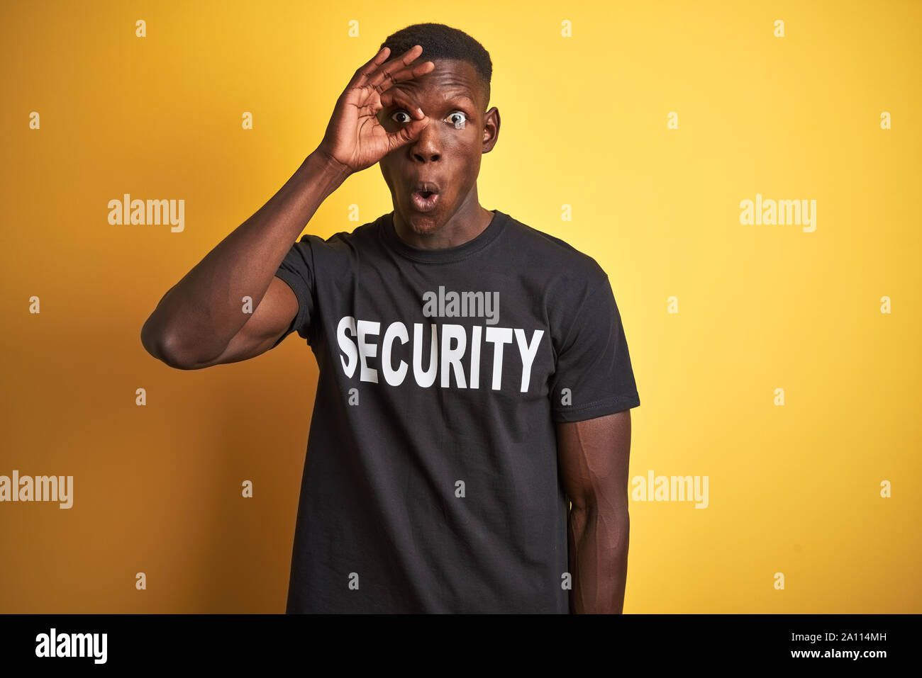 African american safeguard man wearing security uniform over isolated ...
