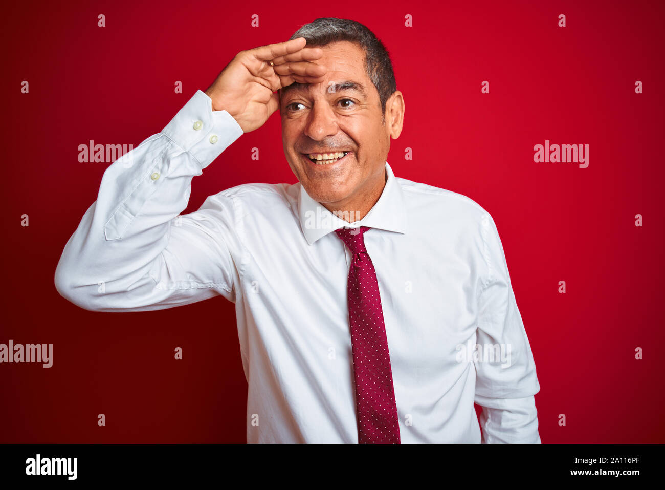 Handsome middle age businessman standing over isolated red background ...