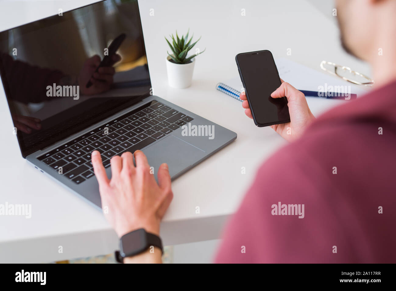 Business man working using computer laptop and smartphone, showing ...