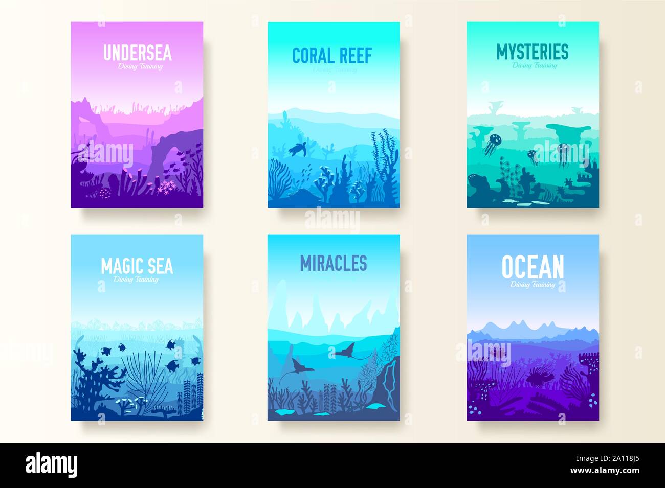 dedicated to undersea vector brochure cards set. Coral reef in the ...