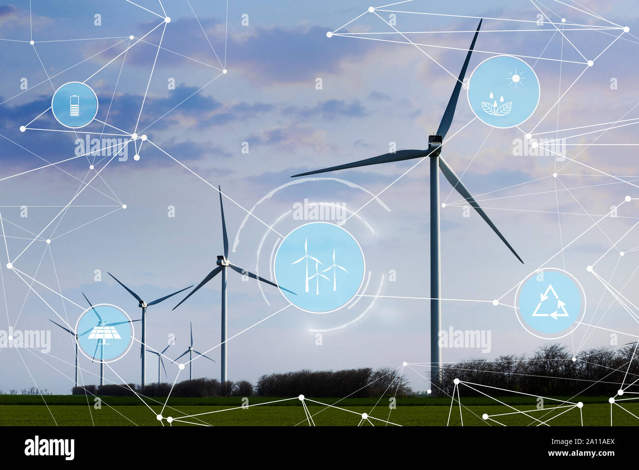 Wind turbines with digital icons of energy generation Stock Photo - Alamy