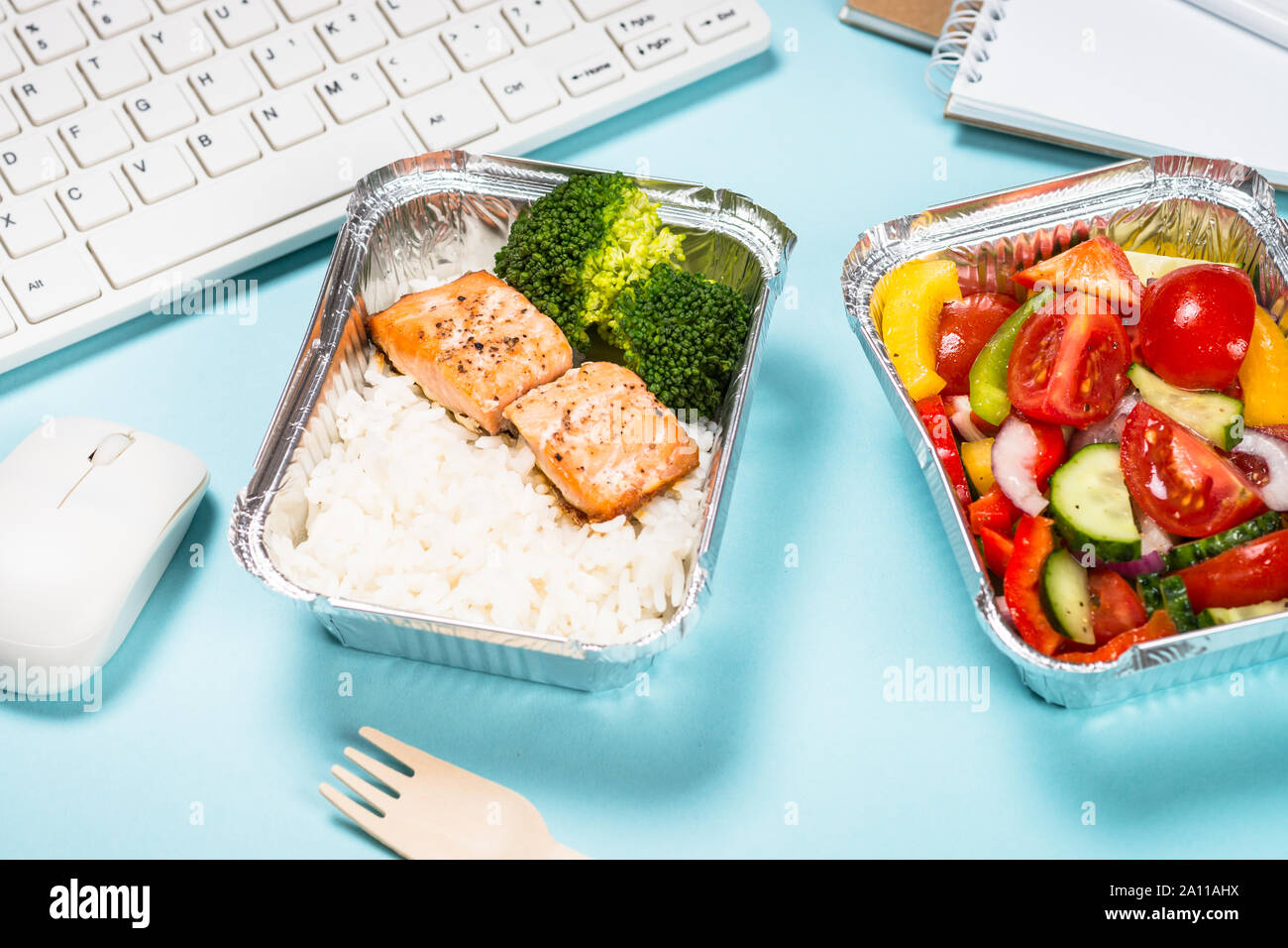 Food delivery concept - healthy lunch on office table Stock Photo - Alamy