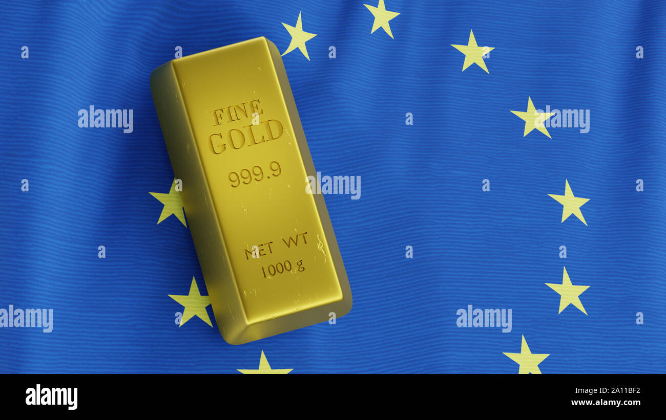 gold bar on EU flag. price of gold in Europe Stock Photo - Alamy