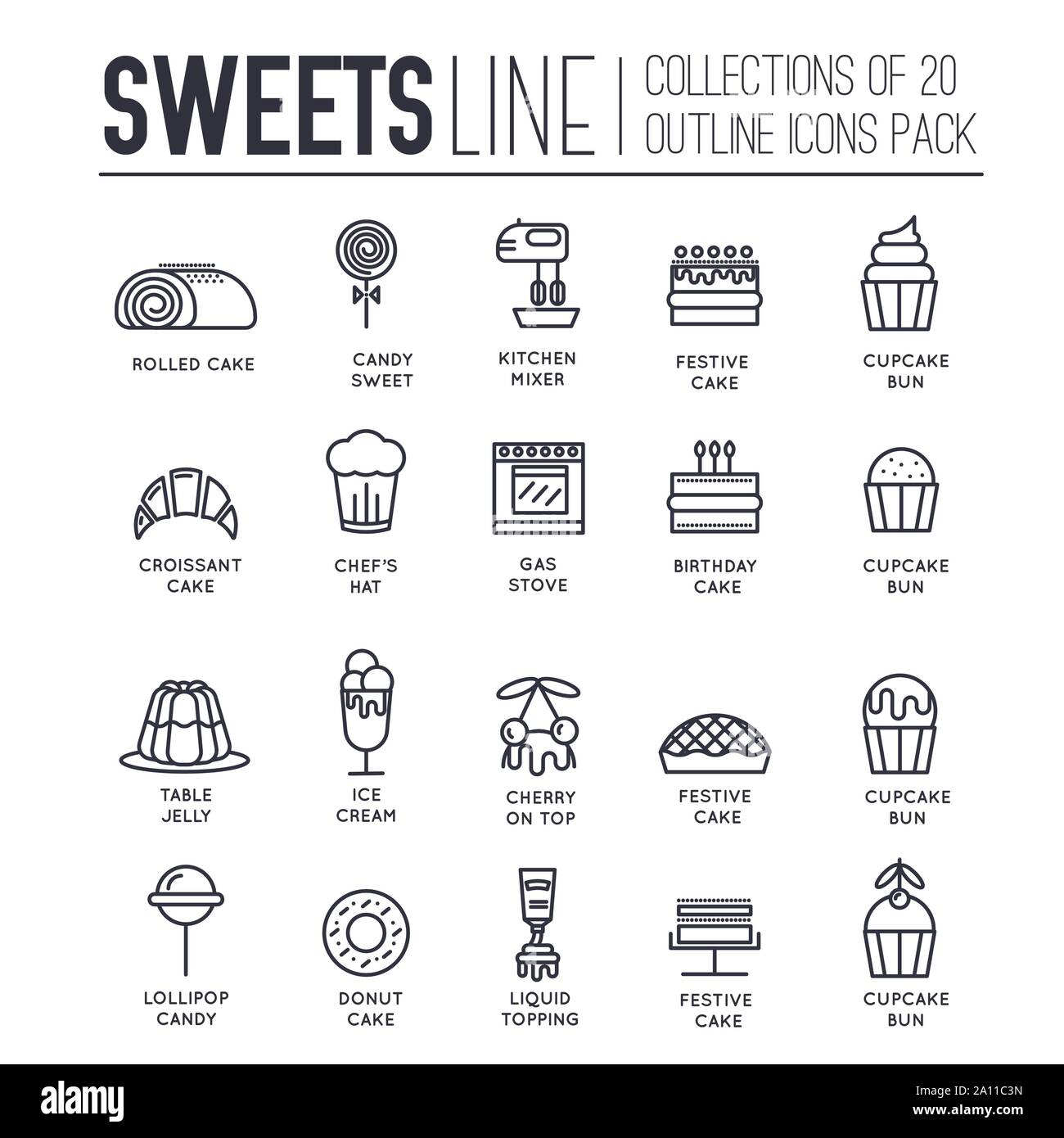 Set of sweets thin line icons, logos isolated on white. Cooking ...