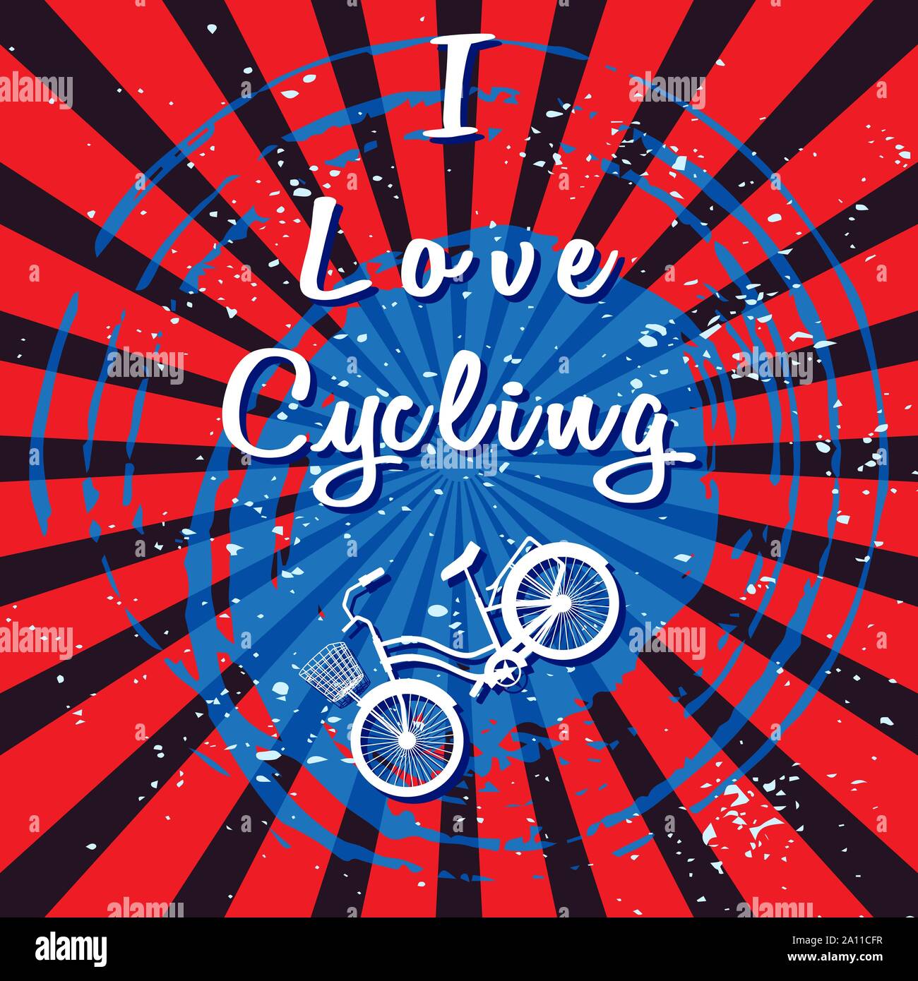 White silhouette of the bike and white lettering - I Love Cycling. Blue ...