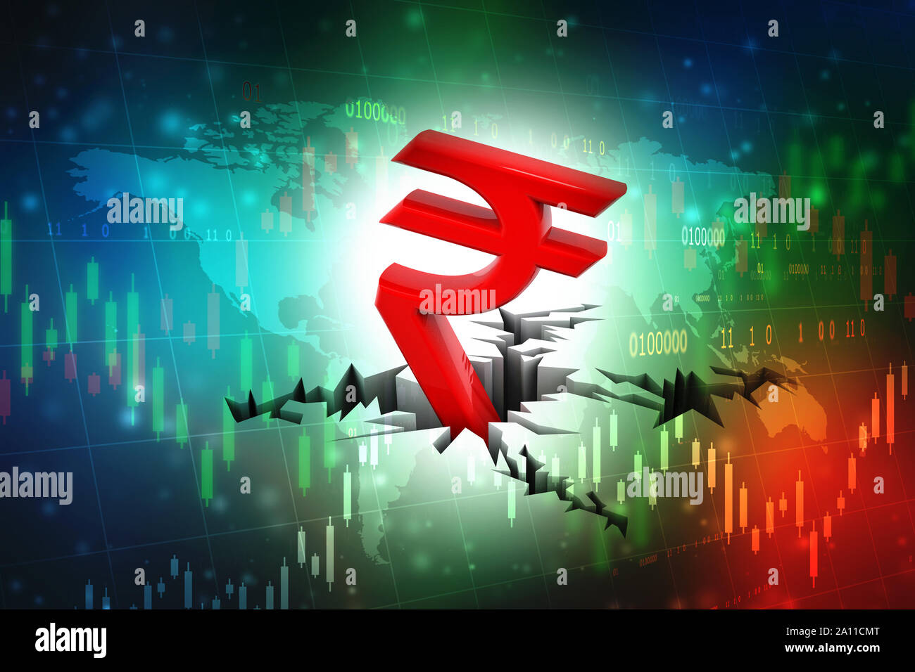 Indian Rupee crisis concept, Red Indian Rupee Symbol Down to Ground. 3D ...