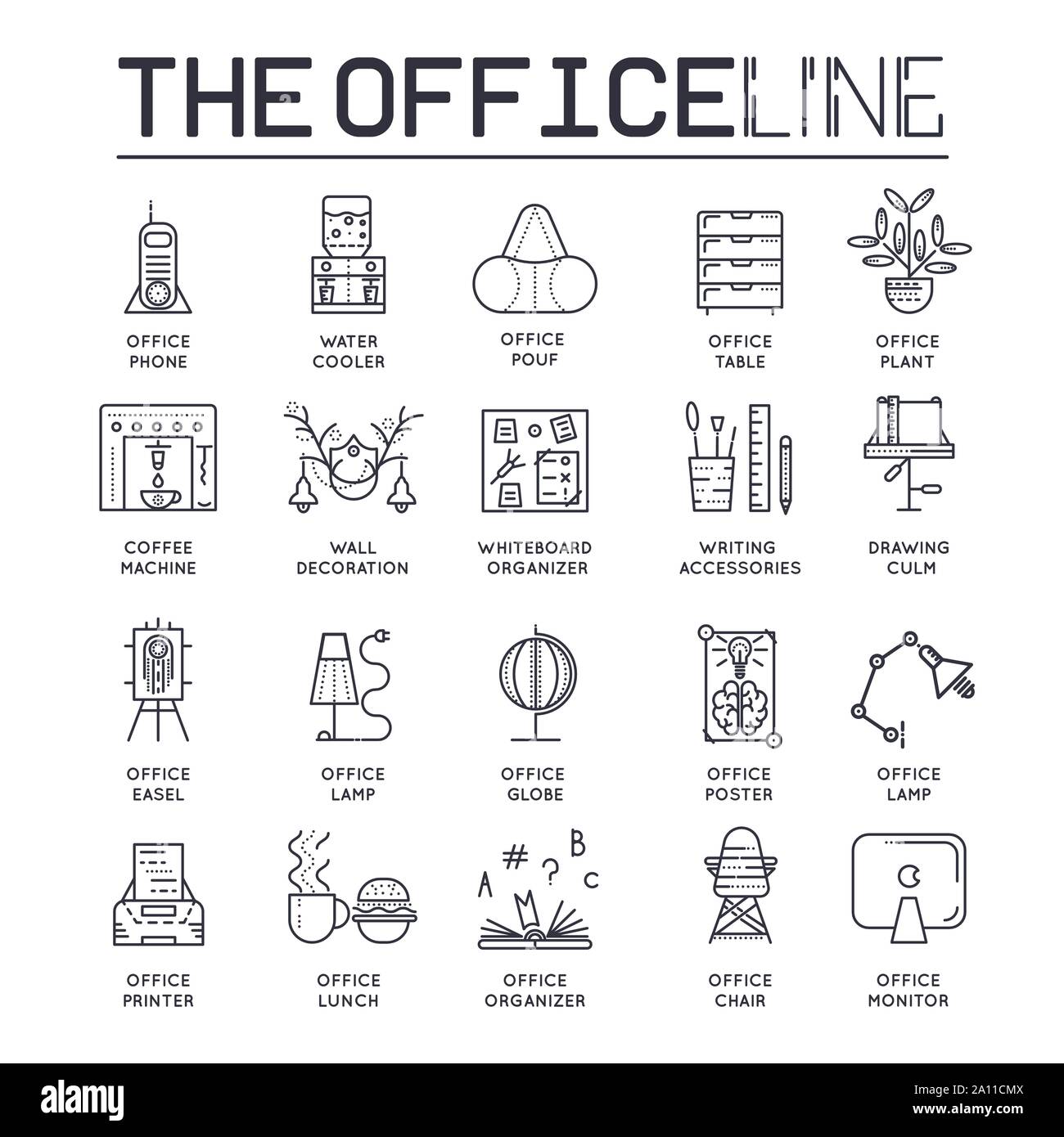 Set of office interior thin line icons isolated on white background ...