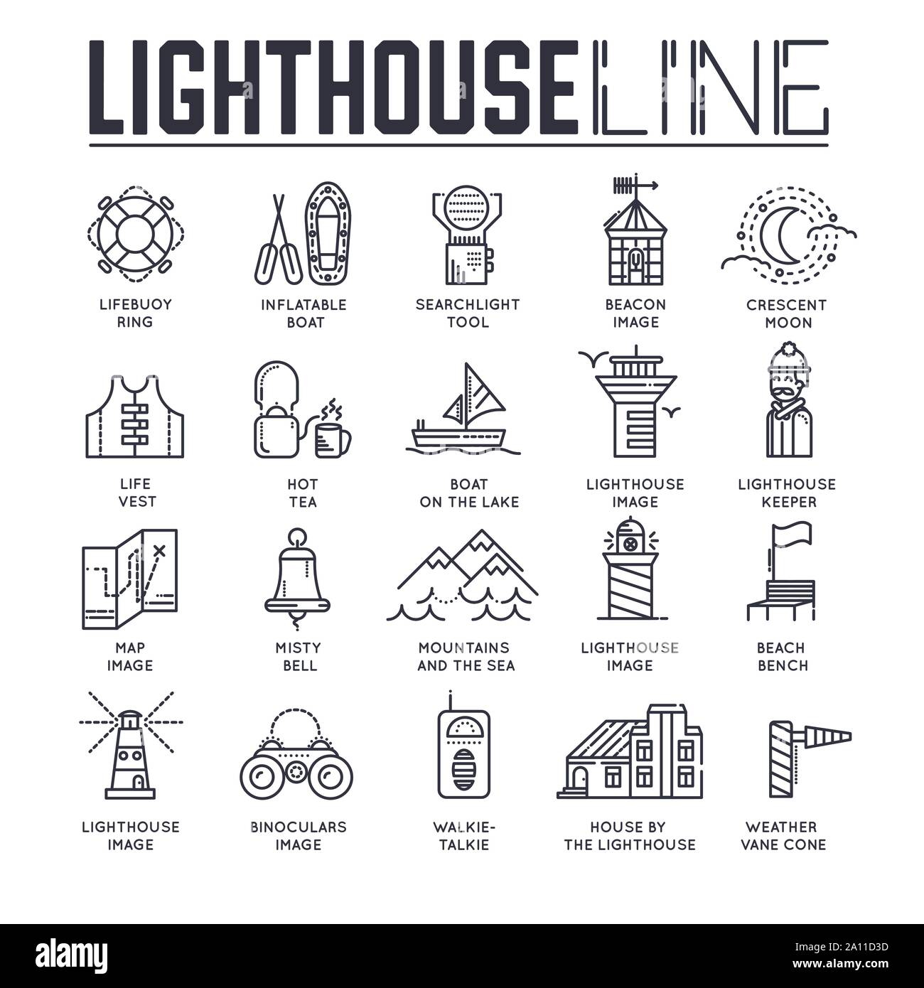 Set of lighthouses thin line icons isolated on white. Sea, ocean ...