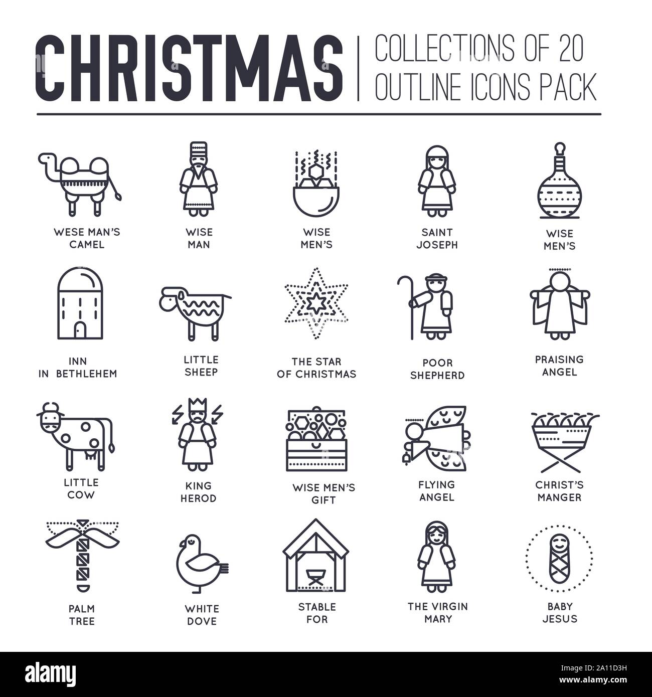 Set of Christmas attributes and decoration thin line icons on white ...
