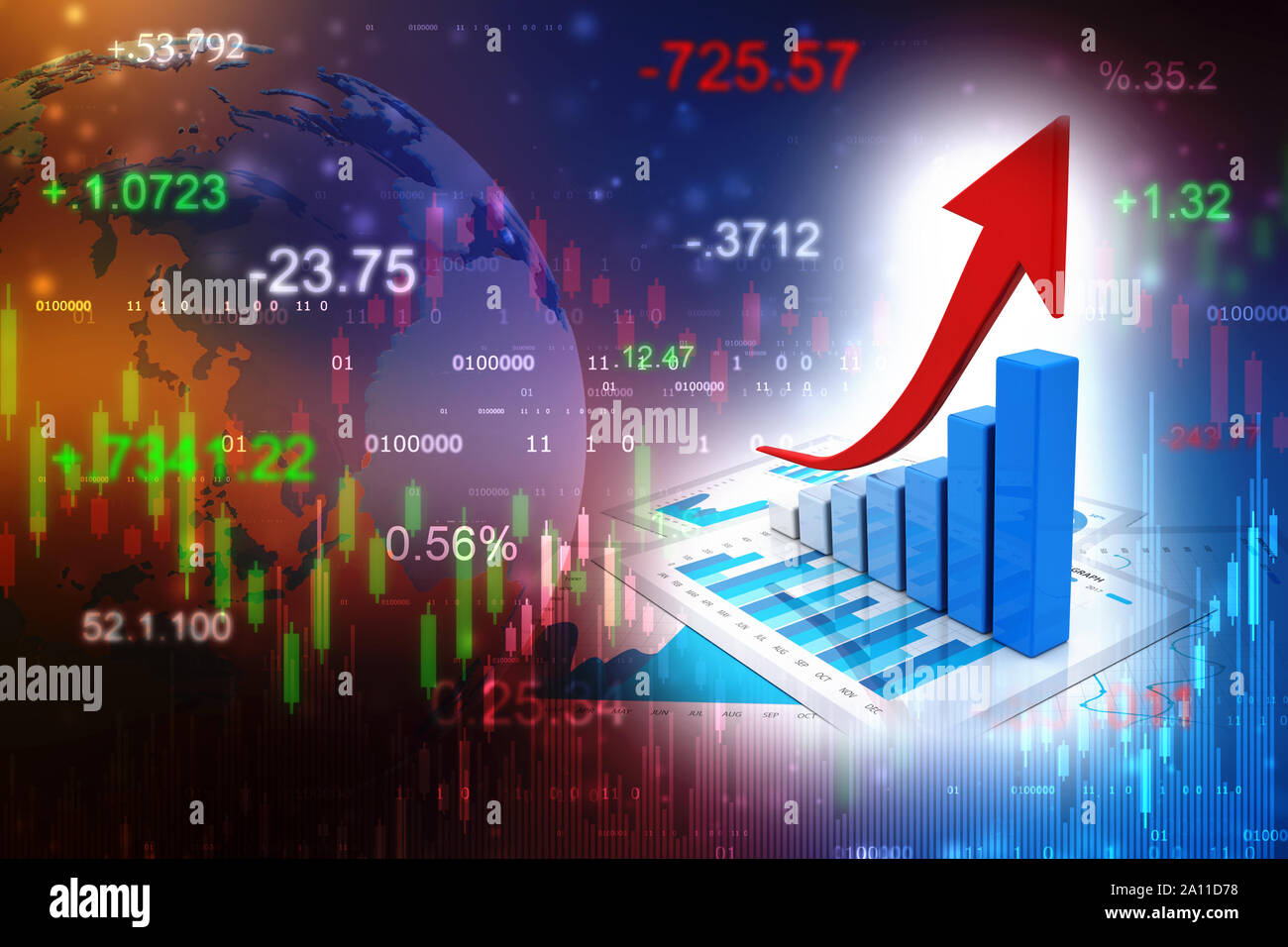 3d rendering business graph and documents. Stock market chart. Business ...