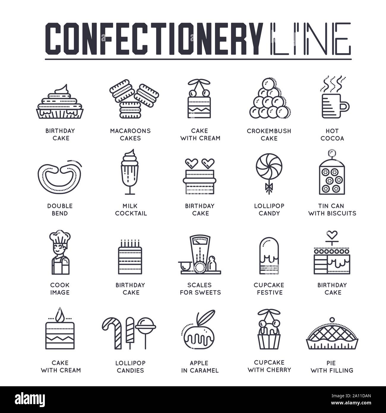 Set of confectionary thin line icons. logos isolated on white ...