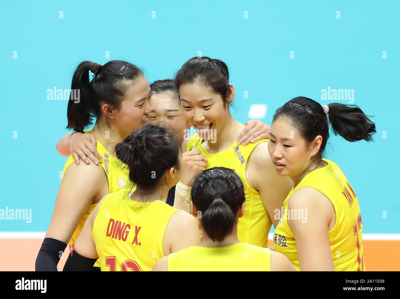 Sapporo, Japan. 23rd Sep, 2019. Zhu Ting (C) of China reacts after winning a point during the ...