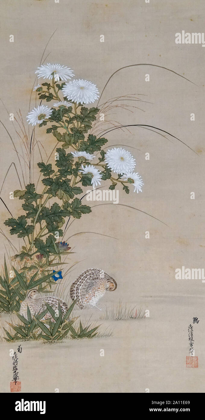 Quails in an autumn field, by Tosa Mitsuoki and Tosa Mitsunari, color ...
