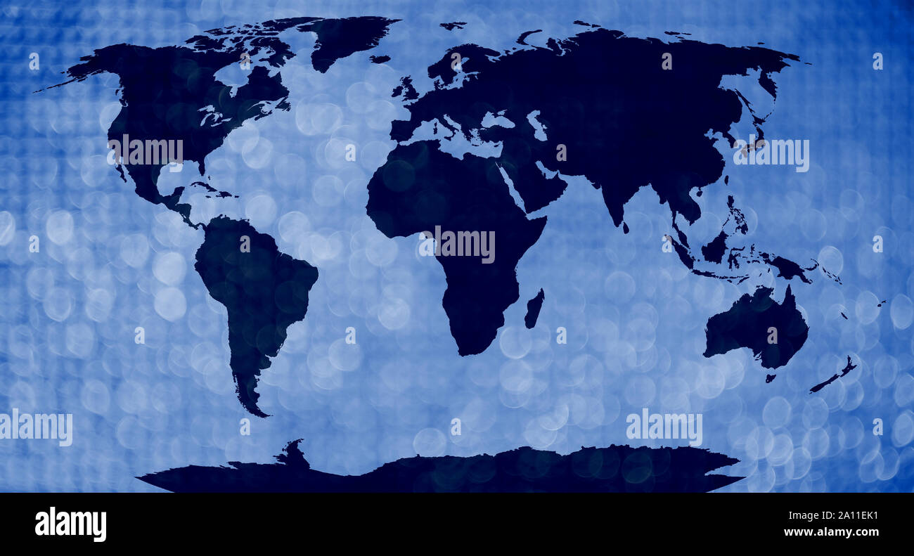 World map, continents in blue bokeh background Stock Photo - Alamy