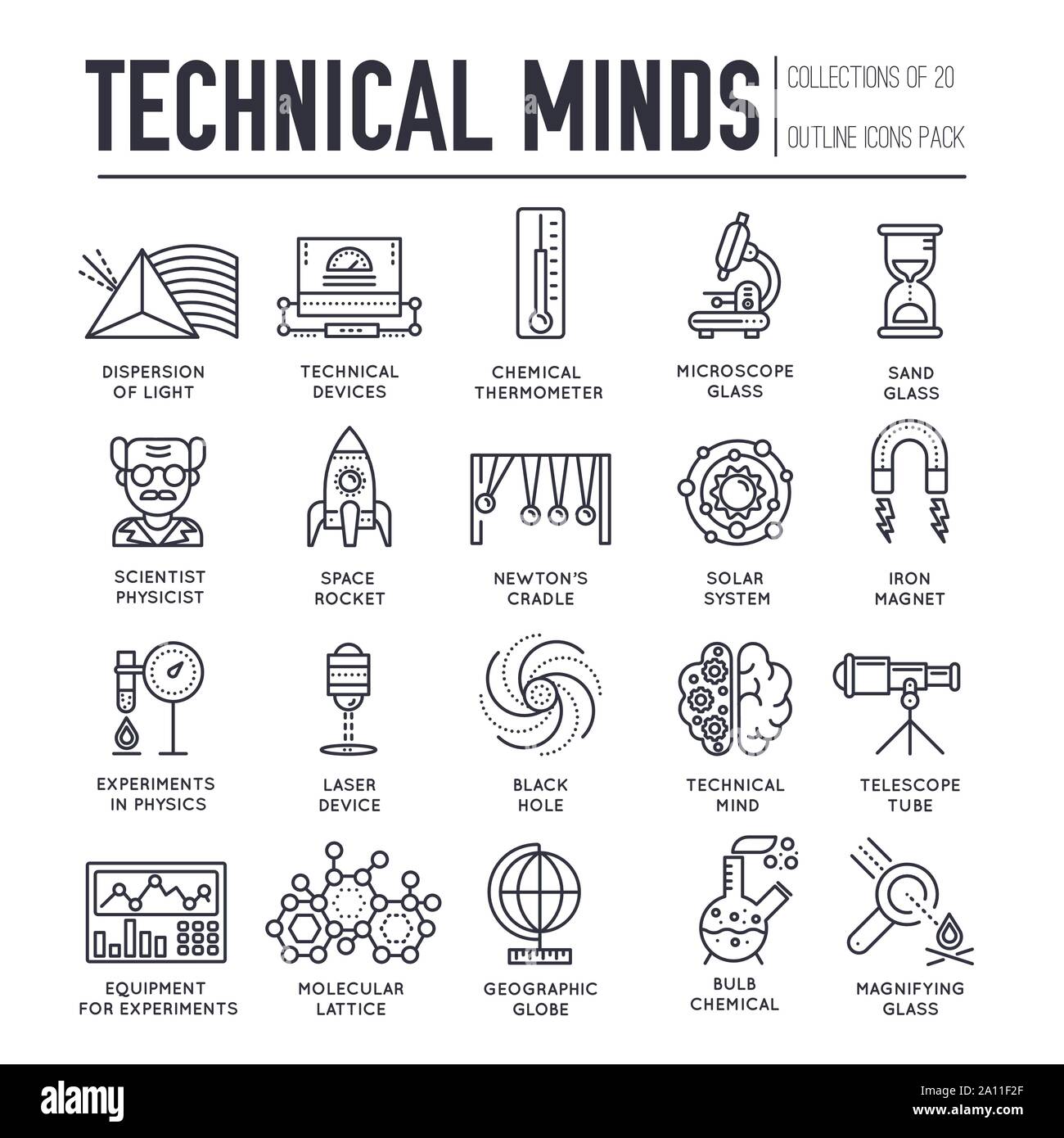 Set of technical minds thin line icons on white. Scientific progress ...