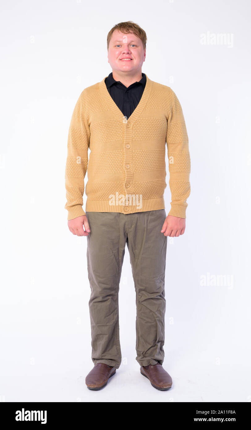 Full body shot of happy overweight man smiling Stock Photo - Alamy
