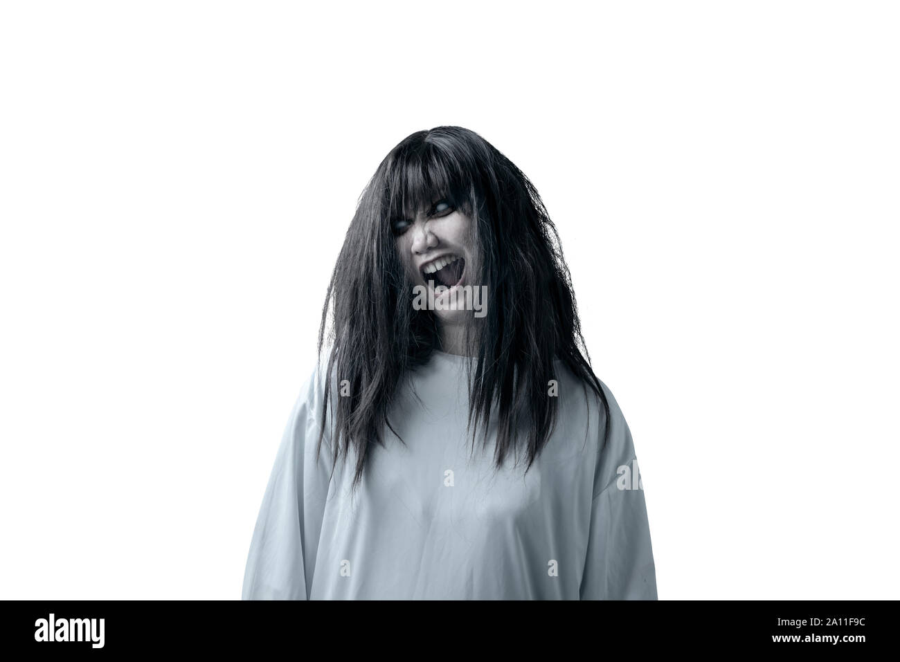Scary ghost woman with blood and angry face isolated over white ...