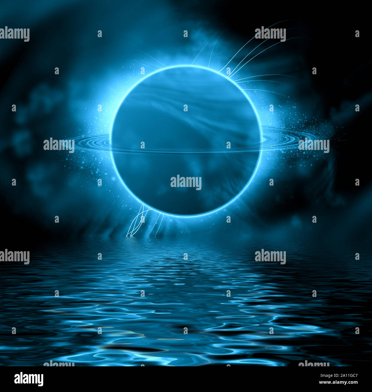 Fantasy space scene with planet and nebula. Reflection in water Stock ...