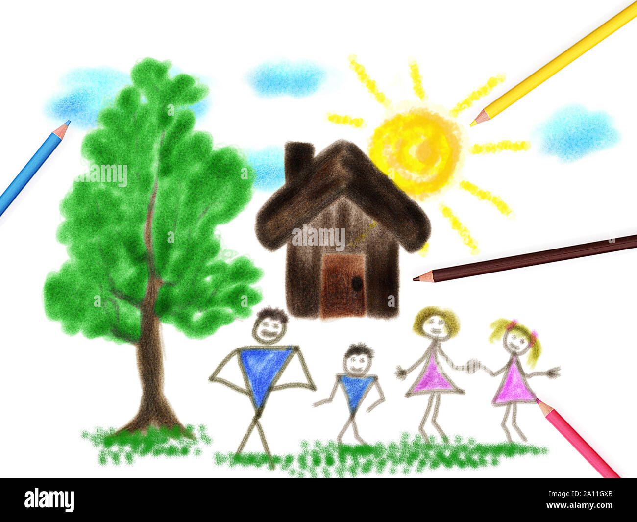 Drawing of a house, tree and happy family Stock Photo - Alamy