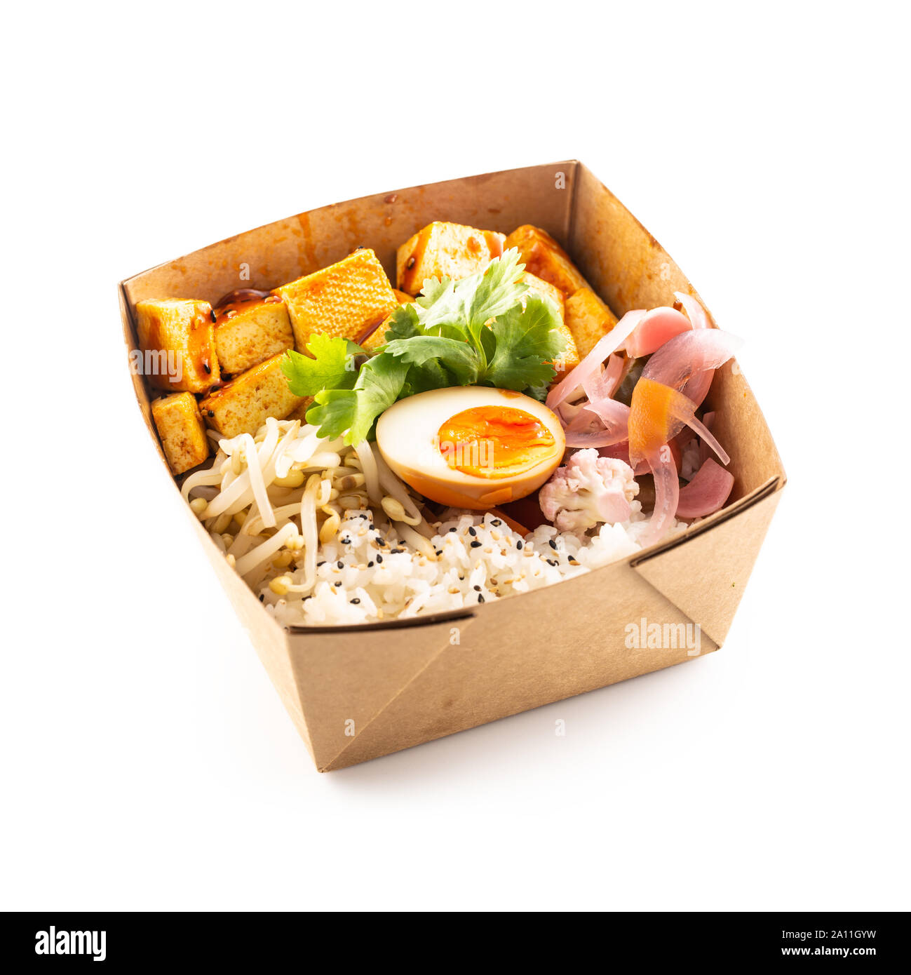 Japanese asian meal in a box of recycled paper isolated on white ...