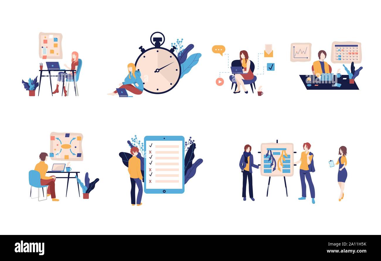 Set of scenes with efficient and effective time management and multitasking at work. Collection ...
