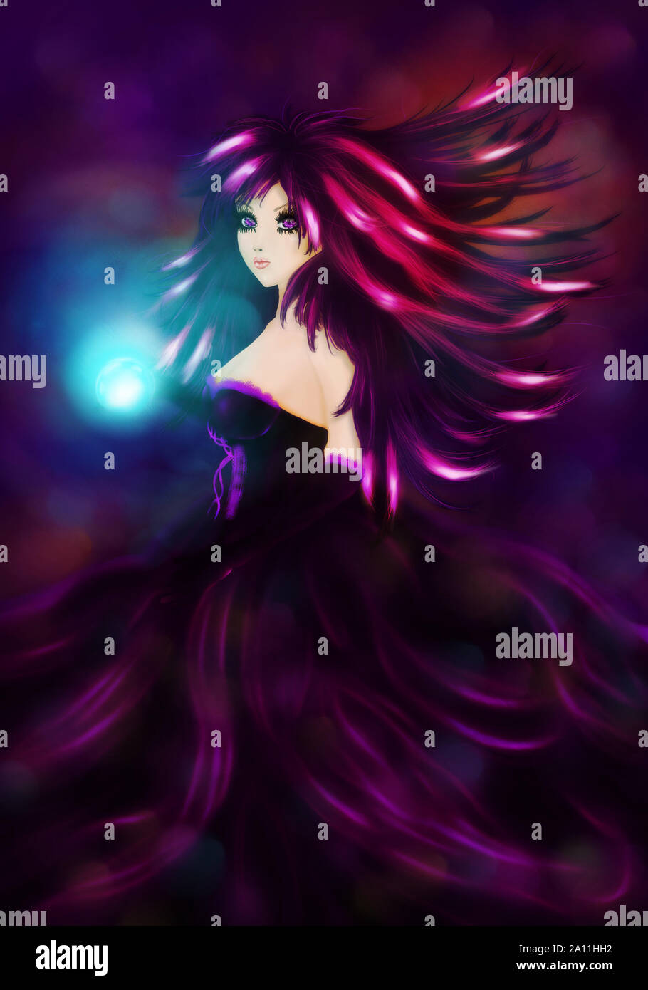 Beautiful witch girl with blue glowing magic ball in her hand Stock ...