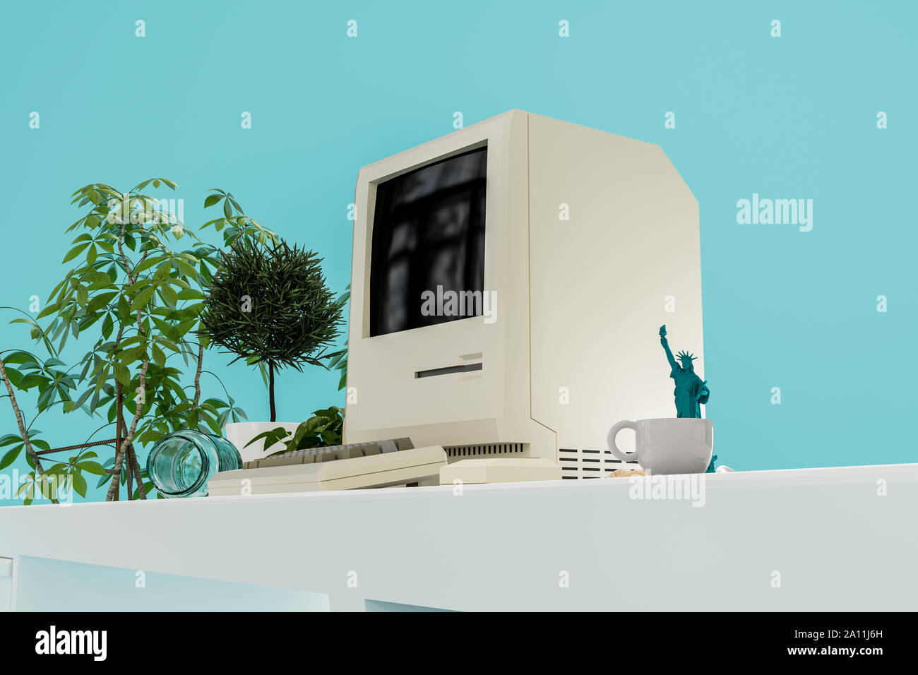 old personal computer on a modern desk 3d illustration Stock Photo - Alamy