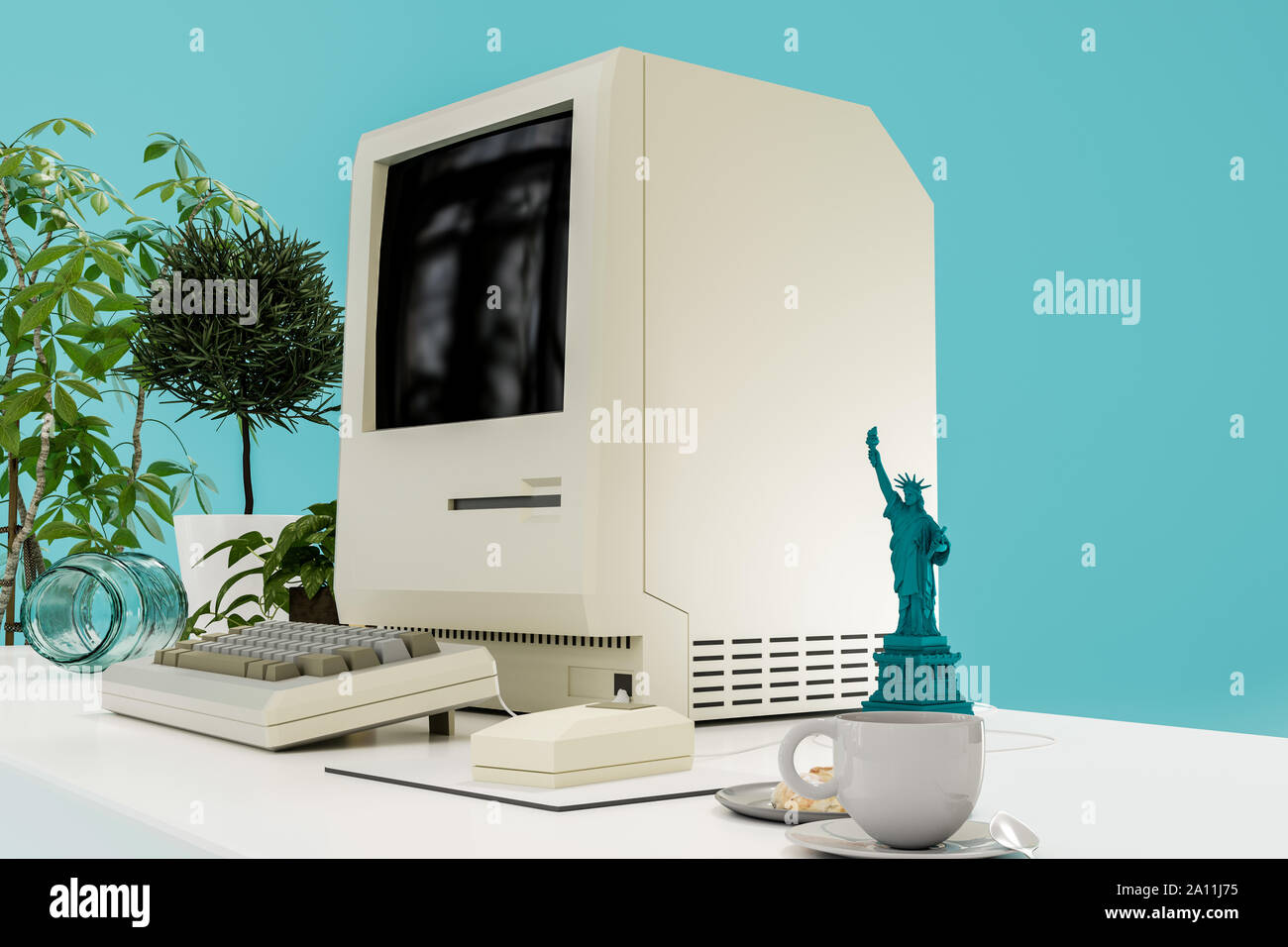 old personal computer on a modern desk 3d illustration Stock Photo - Alamy