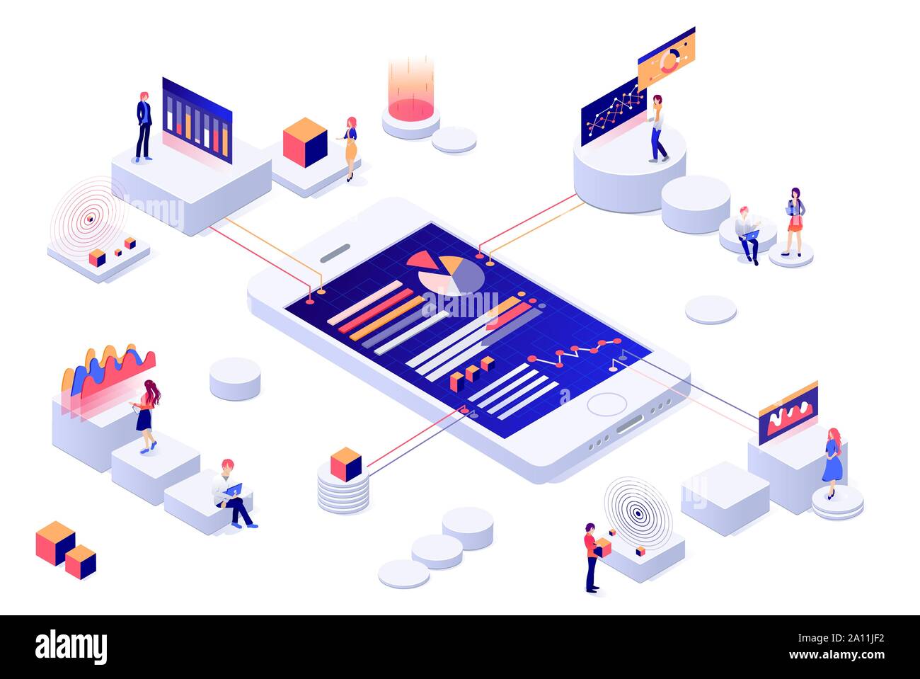 Data visualization 3d isometric concept. People interacting with charts ...