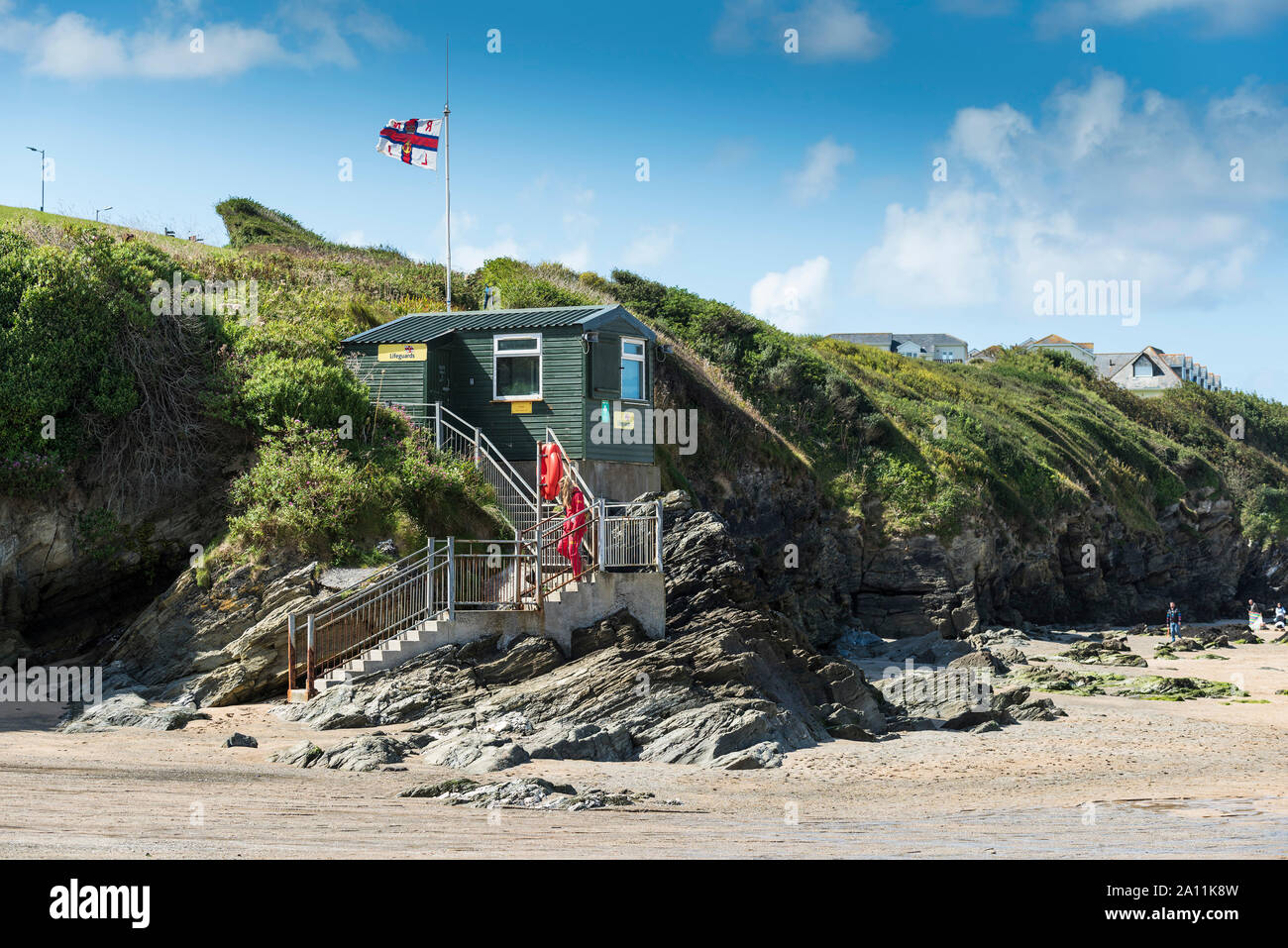 The RNLI Lifeguard Station at Porth Beach in Newquay in Cornwall Stock ...
