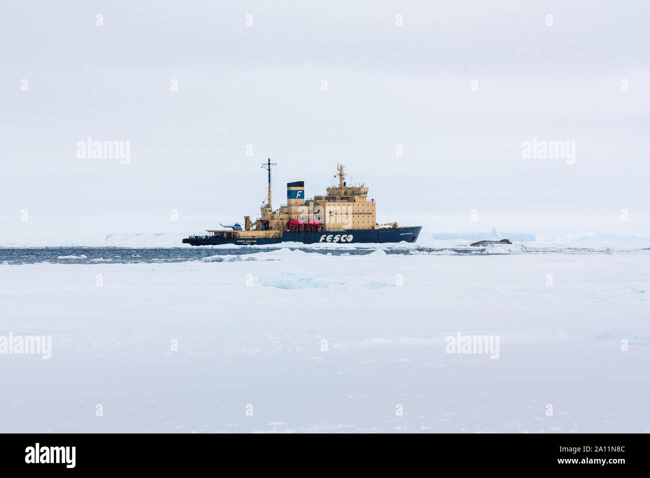 Diesel powered Russian Icebreaker Kapitan Khlebnikov nestled in the sea ...