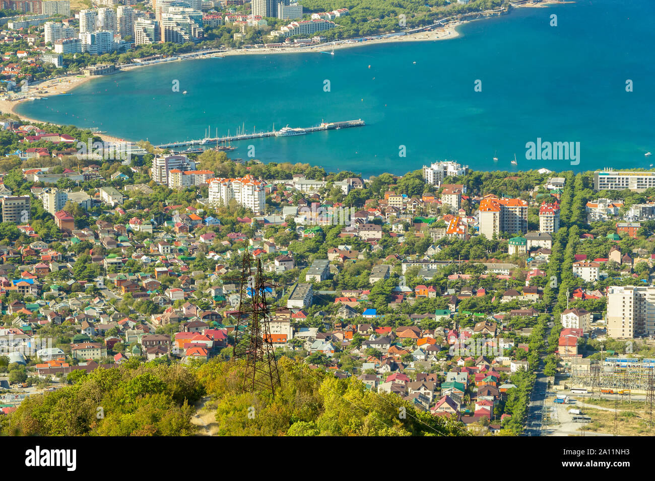 Aerial view of Gelendzhik resort city district from hill of caucasian ...
