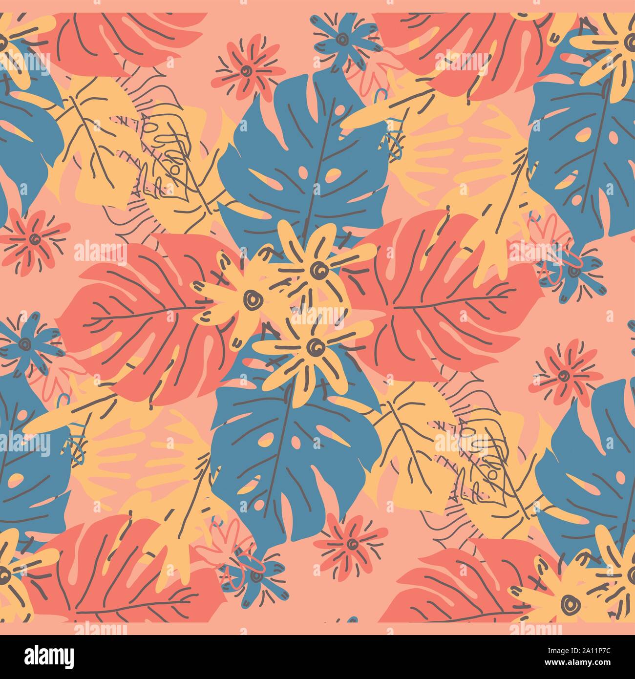 Exotic leaves hand drawn seamless pattern. Tropical plant drawing ...