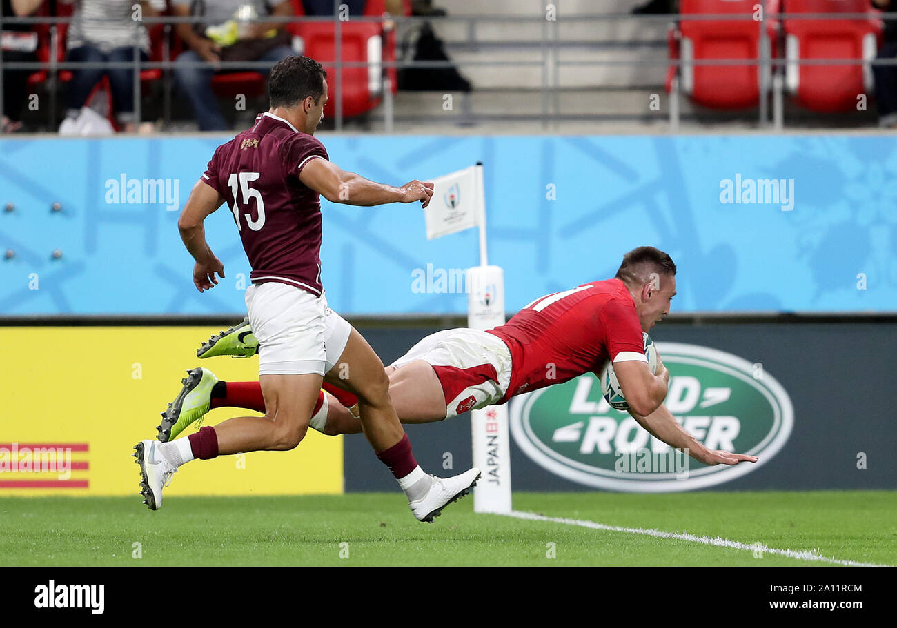 Wales' Josh Adams scores his side's third try during the 2019 Rugby ...