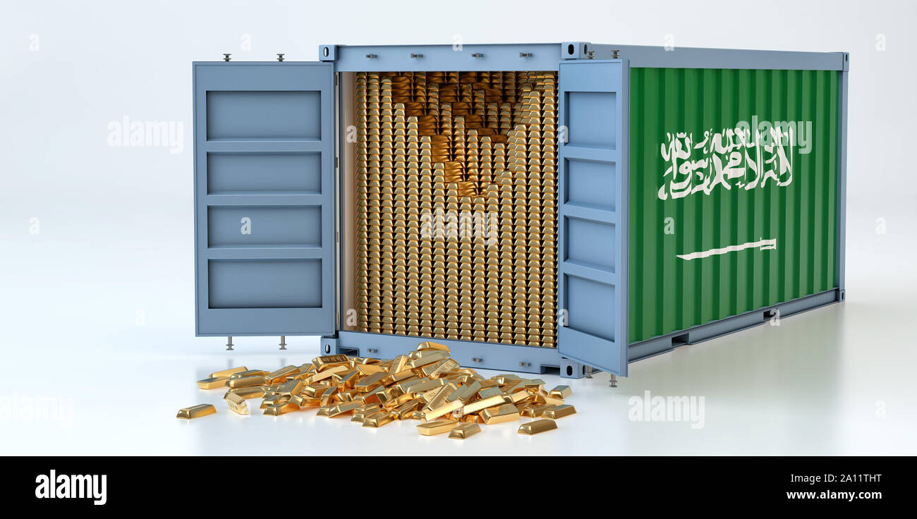 Freight Container with Saudi Arabia flag filled with Gold bars. Some ...
