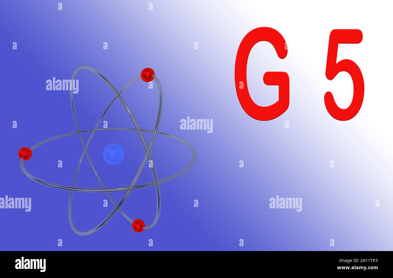 3D illustration of an atom with G5 title, isolated on a blue gradient ...