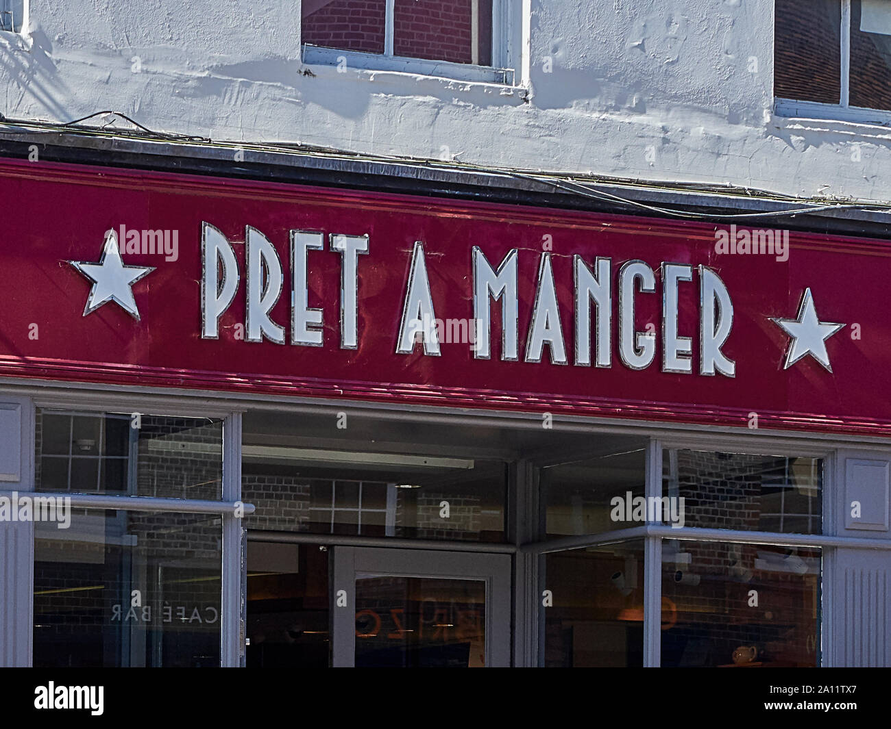 The Pret A Manger sign over the doorway outside of the coffee shop in ...