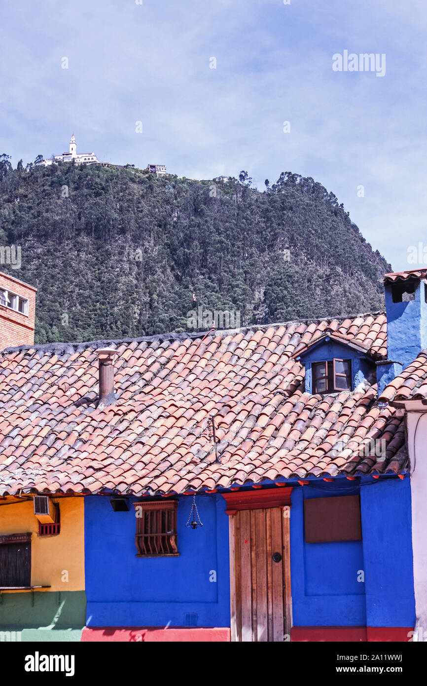 Colonial style houses. La Candelaria, Bogota. Blue house in the spanish ...