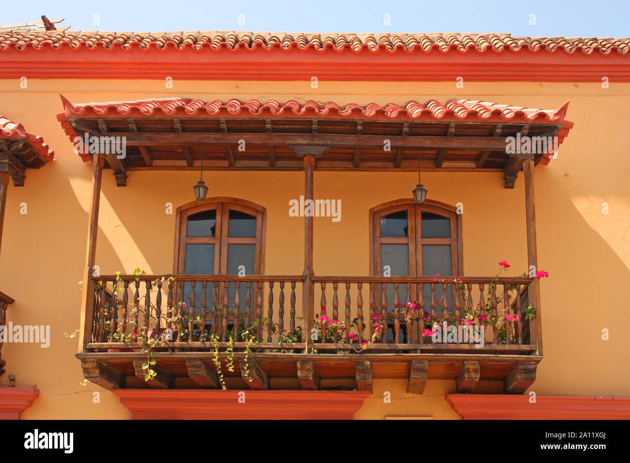 Detail of a colonial house. Typical balcony. Spanish colonial home ...