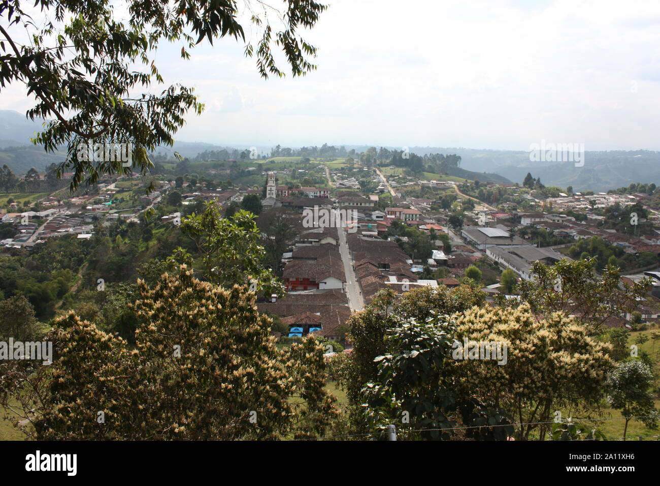 Aerial view of the small Andean peasant village of Salento, in the ...