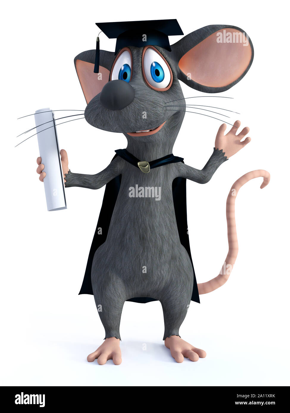 3D rendering of a cute smiling cartoon mouse dressed in graduation ...