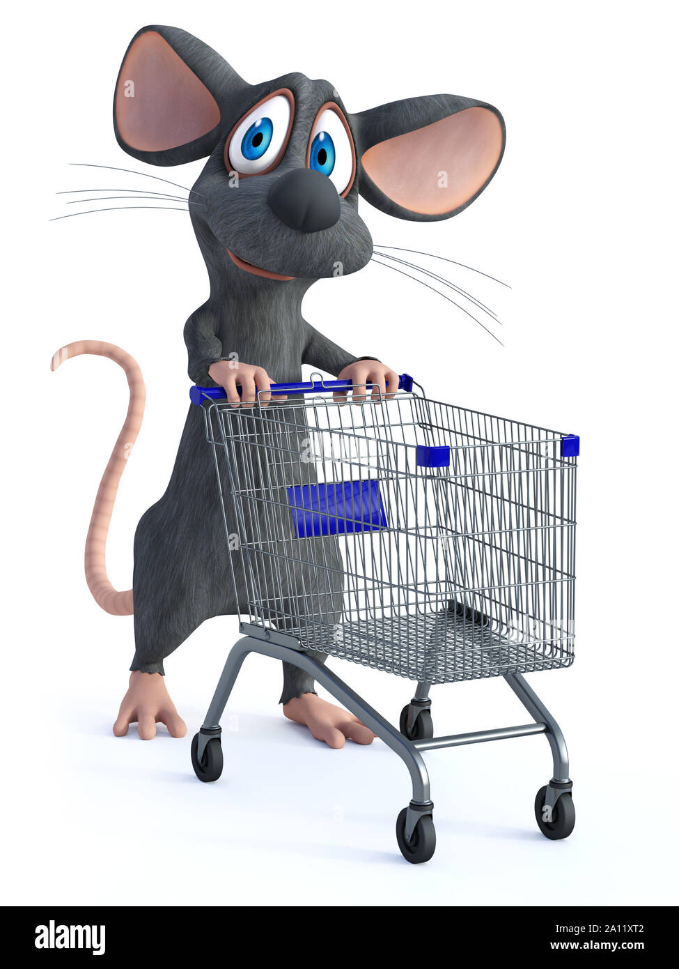 3D rendering of a cute smiling cartoon mouse walking with an empty ...